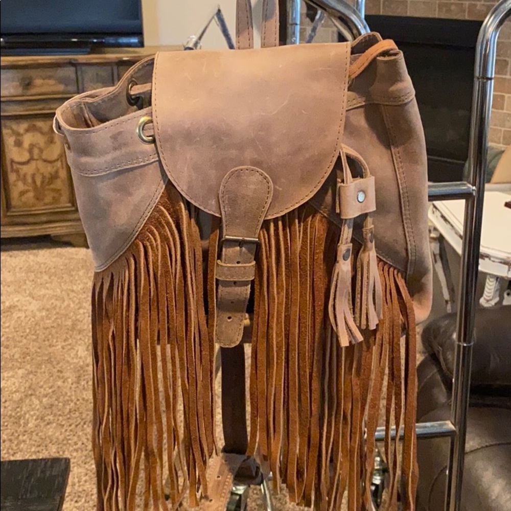 100% Genuine Suede Leather With Fringe, Backpack - Gem